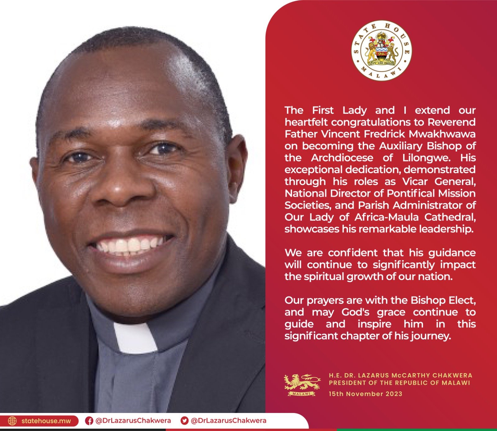 President Chakwera congratulates Fr. Mwakhwawa on his appointment as ...